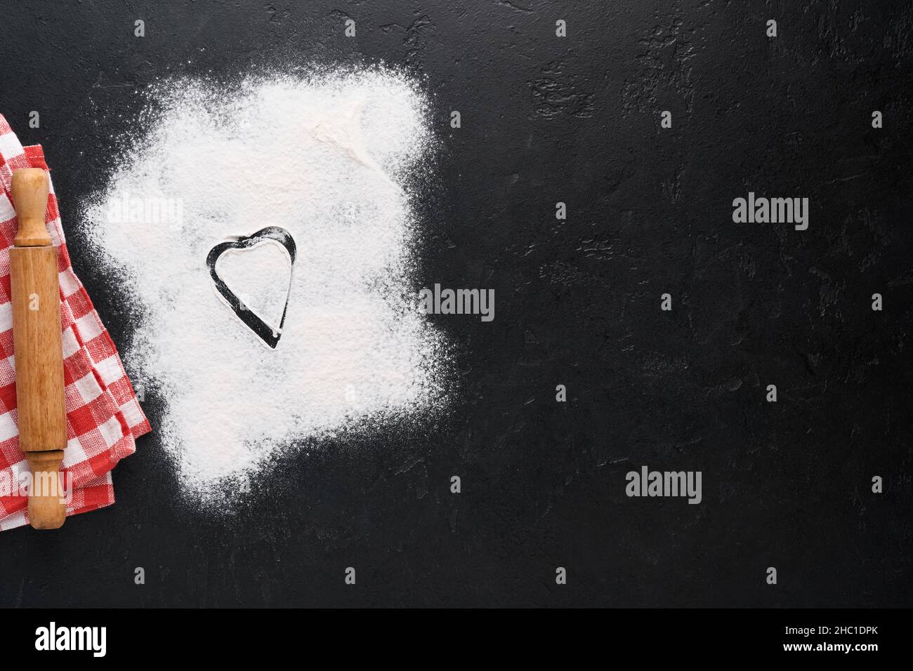 Valentines day baking background with heart shape, flour, tools and ...
