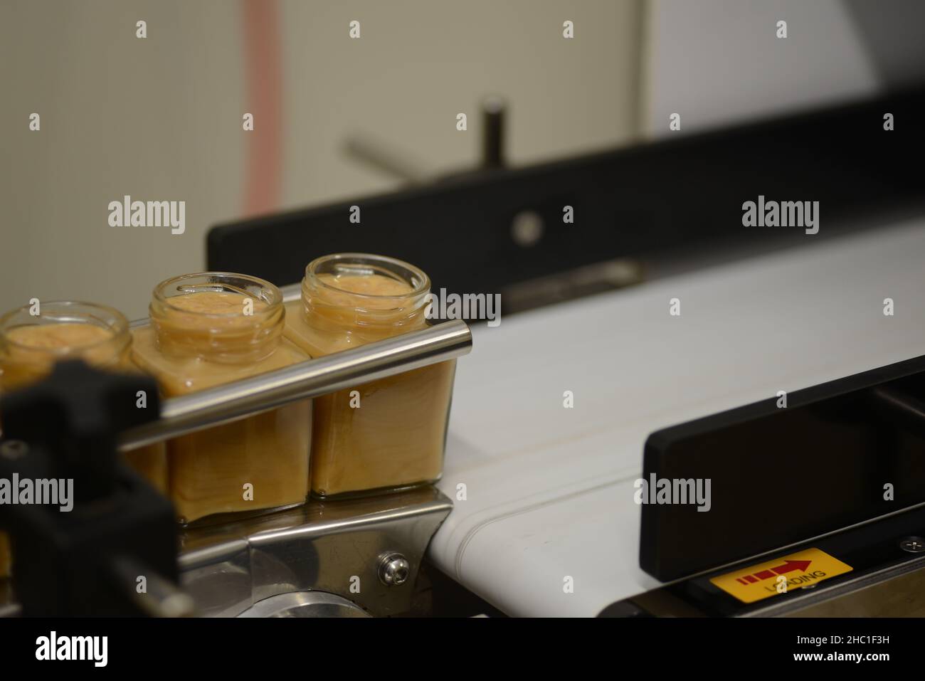 Jars of creamed honey in a packaging line at a commercial honey factory ...