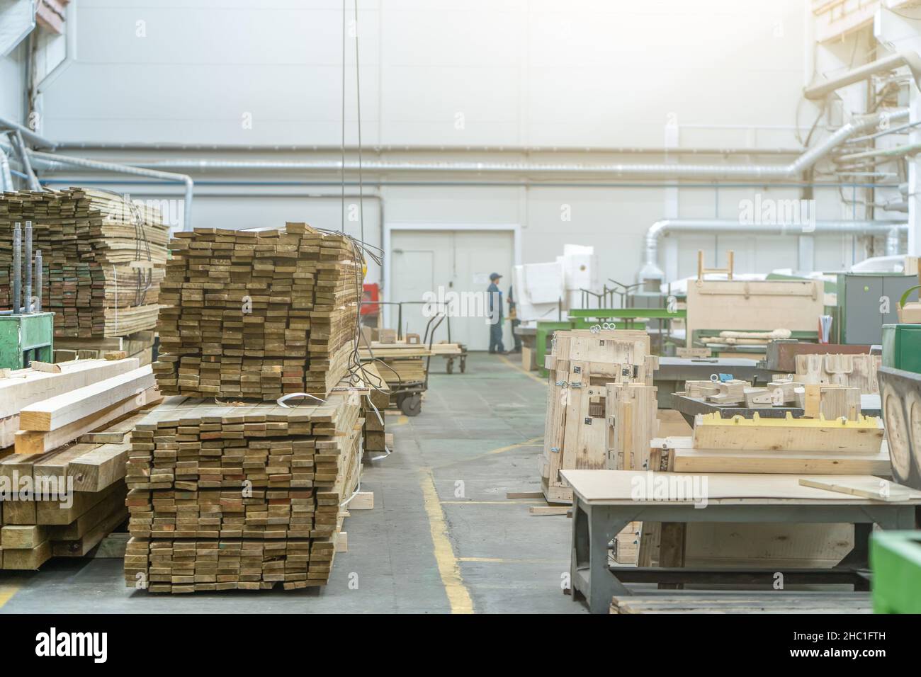 Inside huge woodworking industrial factory workshop interior with ...