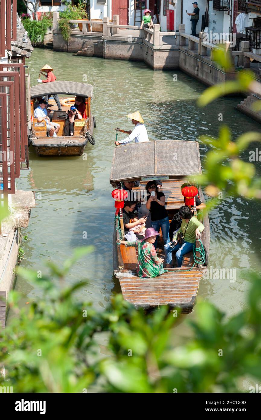 Chinese traditional rowboat along the canal in Zhujiajiao Ancient Water ...