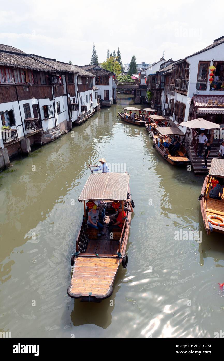 Chinese traditional rowboat along the canal in Zhujiajiao Ancient Water ...