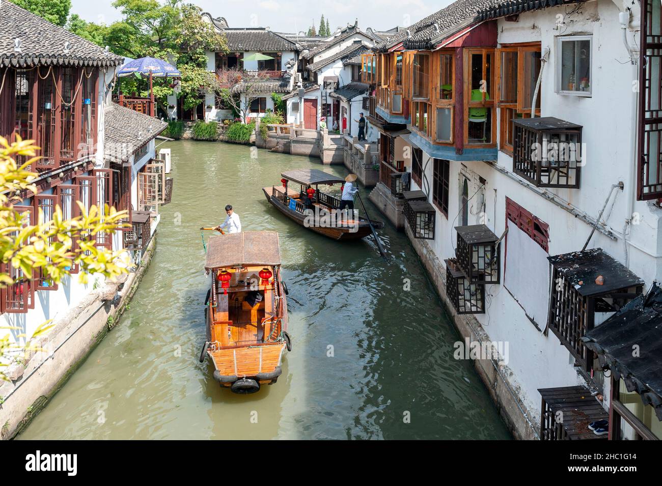 Chinese traditional rowboat along the canal in Zhujiajiao Ancient Water ...
