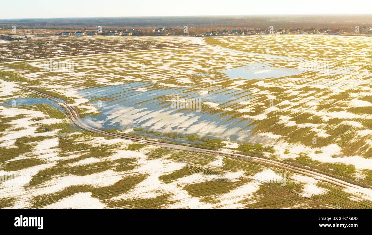 Aerial View Of Early Spring With Puddles Of Water In Fields. Top View ...