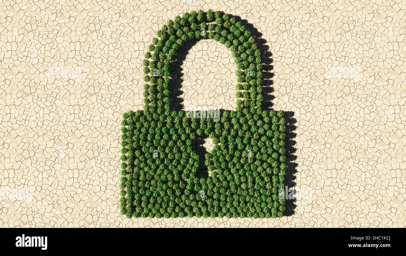 Concept or conceptual group of green forest tree on dry ground ...