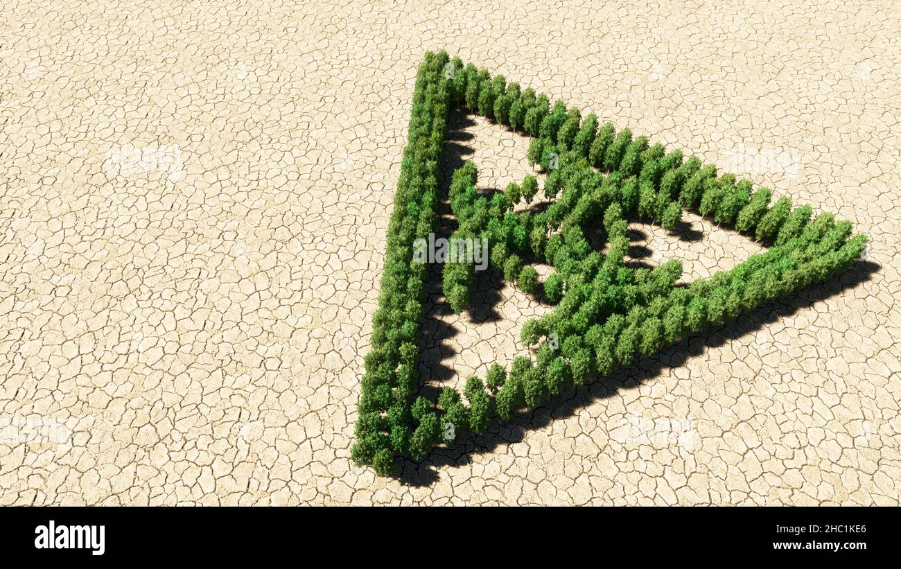 Concept or conceptual group of green forest tree on dry ground ...