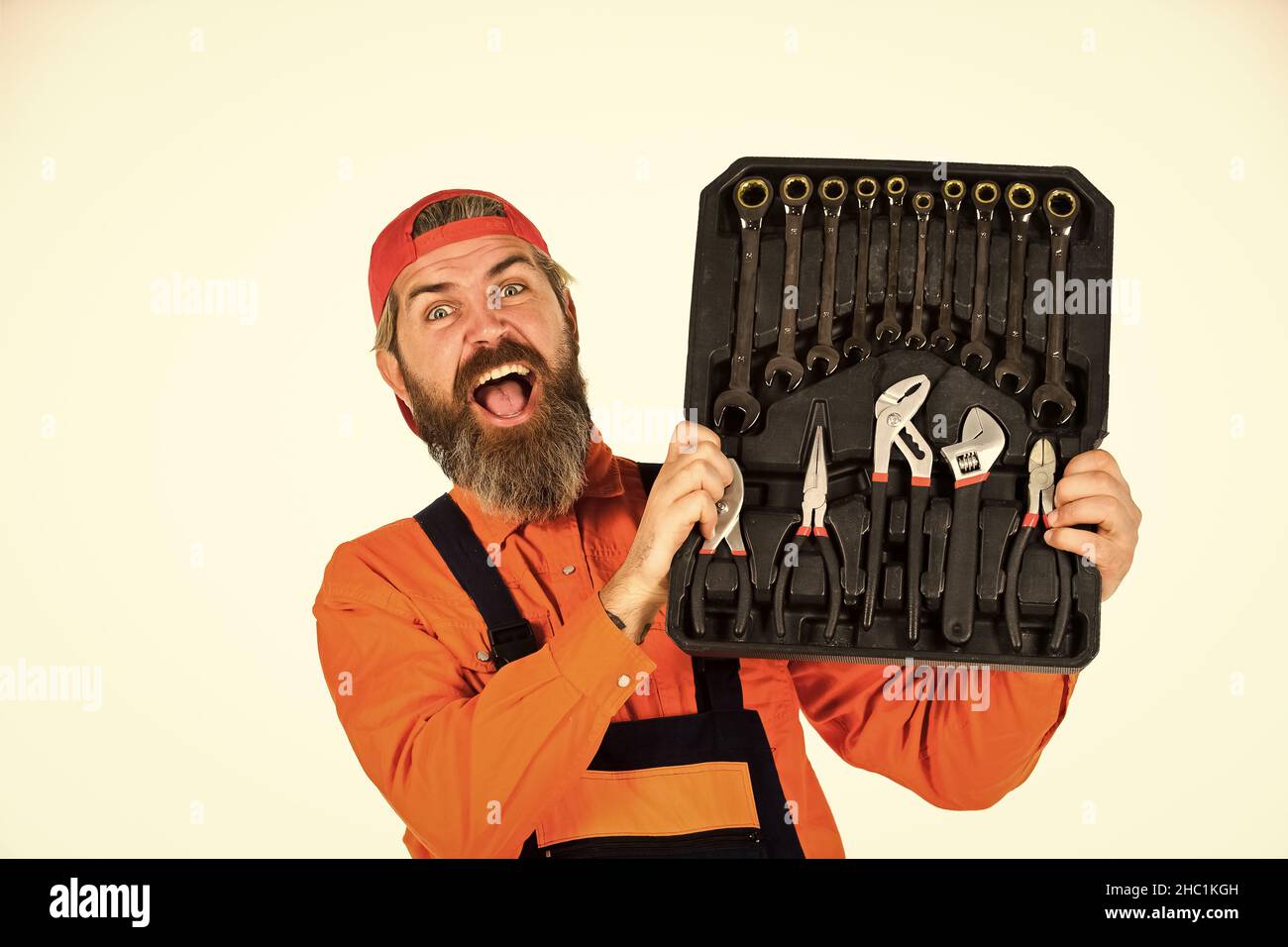 Worker repairer repairman handyman carrying toolbox. Really good tools ...