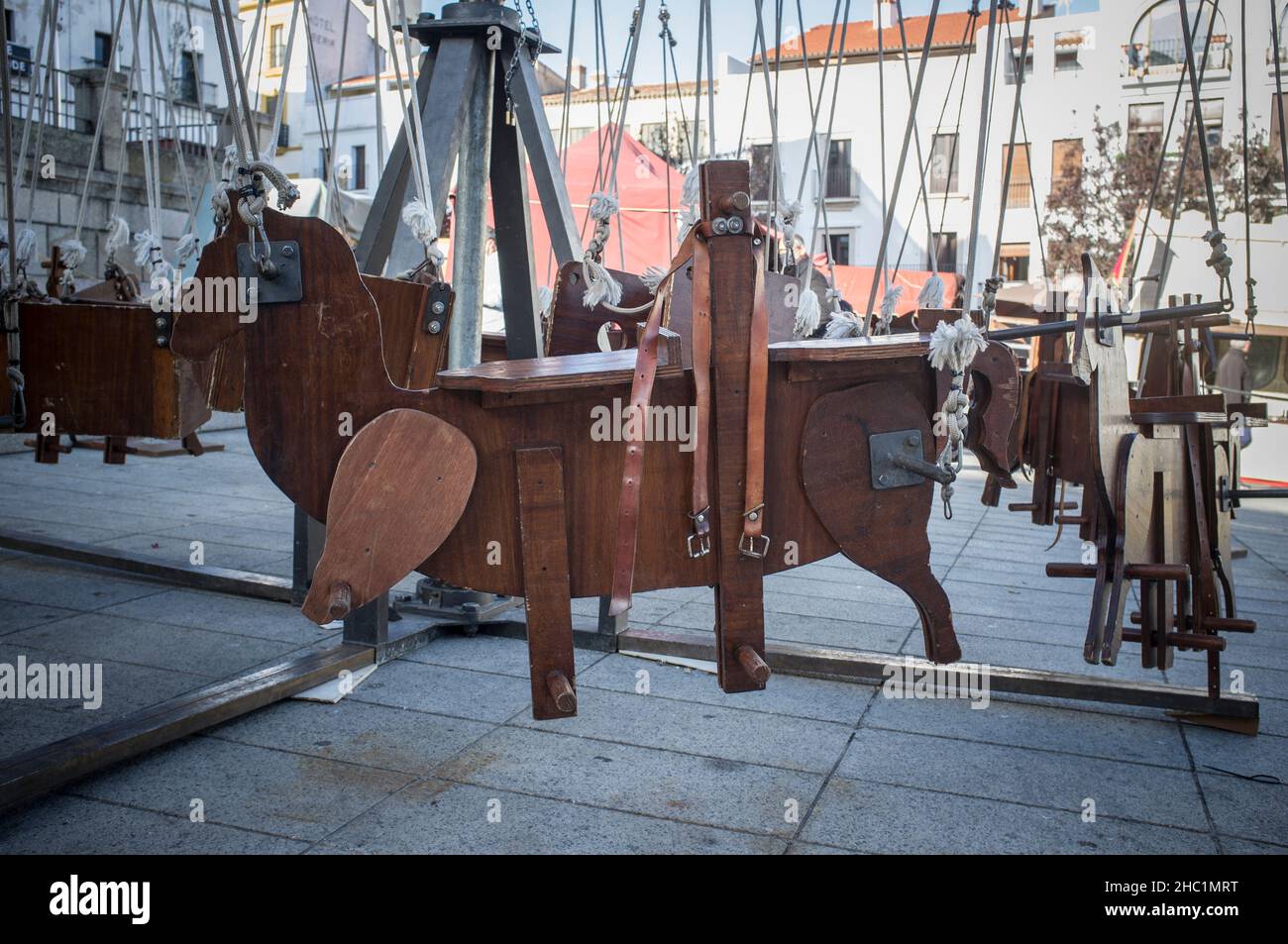 Wooden human powered carousel. Selective focus Stock Photo - Alamy