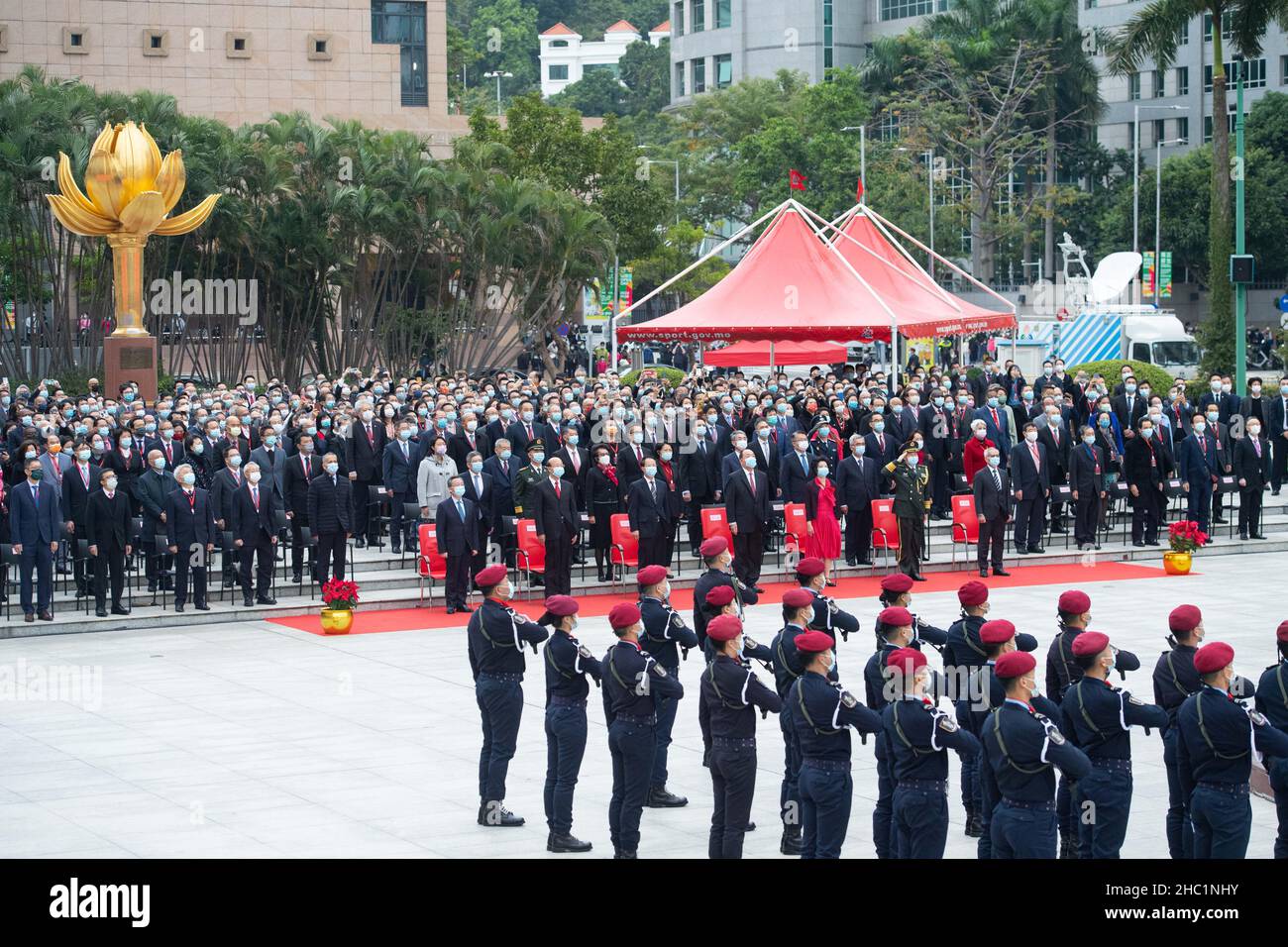(211220) -- MACAO, Dec. 20, 2021 (Xinhua) -- A flag-raising ceremony ...