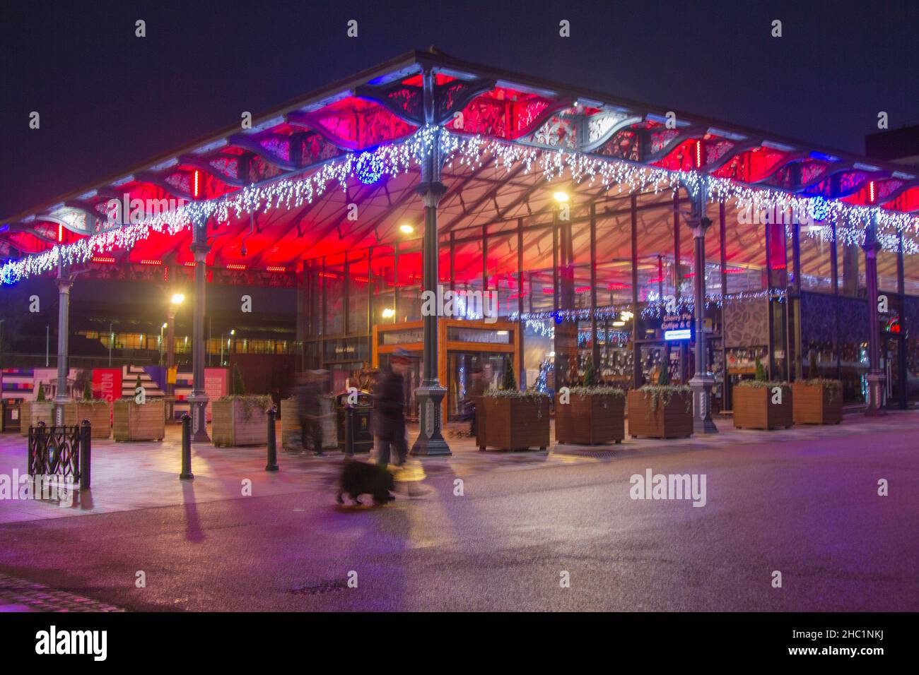 Christmas lights at night on the indoor market building in Preston ...