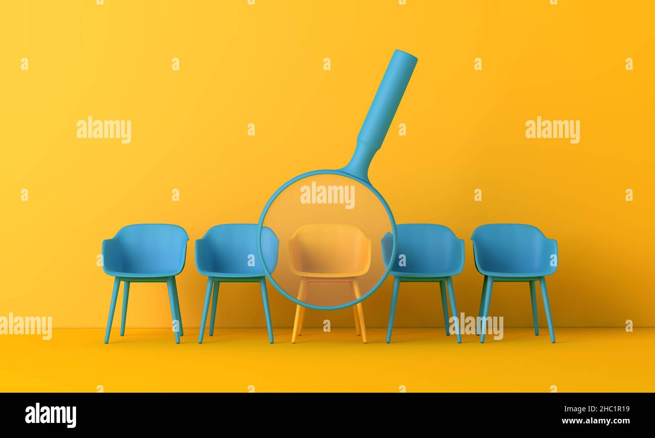 Searching for a new job opportunity. Office chair with magnifying glass ...