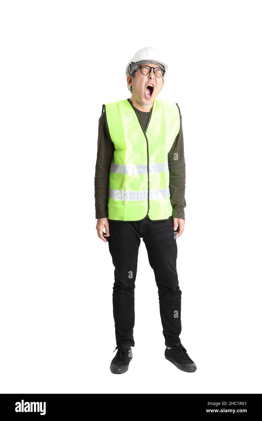 The senior asian man in labor uniform on the white background Stock ...