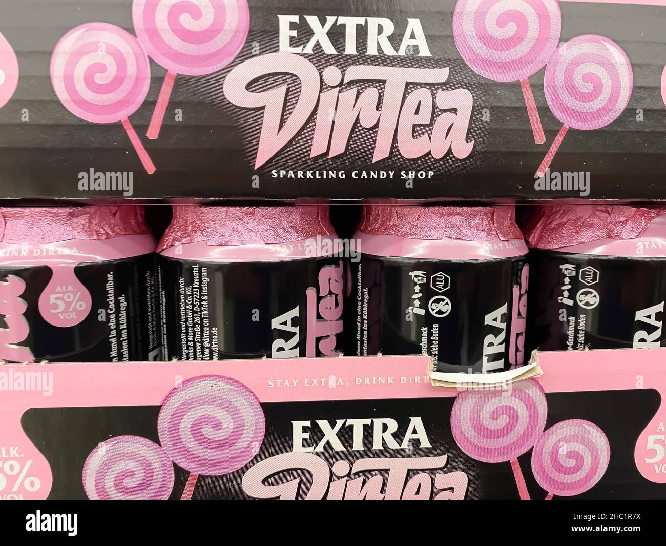 Viersen, Germany - December 9. 2021: View on cans with logo lettering ...