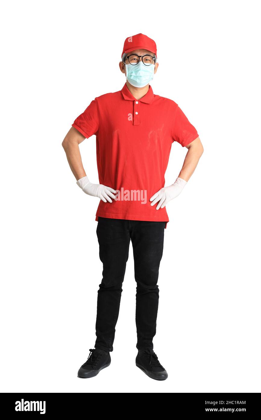 The senior Asian postman with face mask on the white background Stock ...