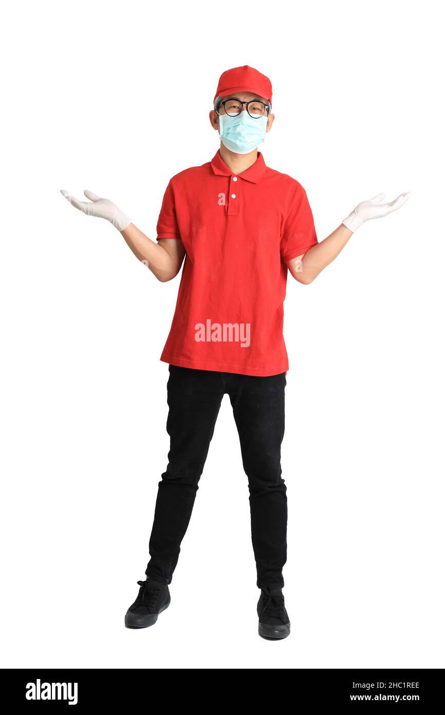 The senior Asian postman with face mask on the white background Stock ...