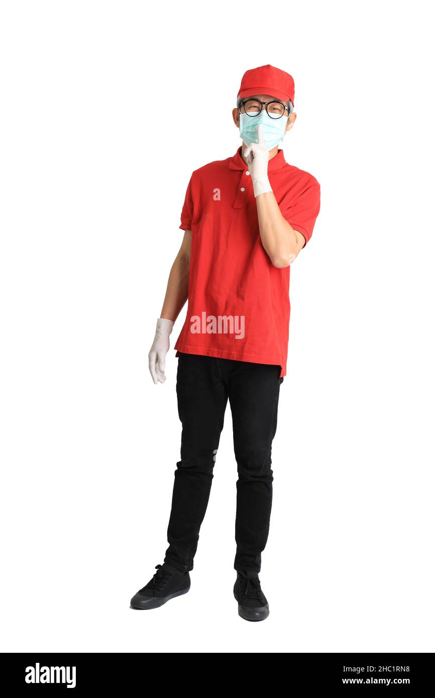 The senior Asian postman with face mask on the white background Stock ...