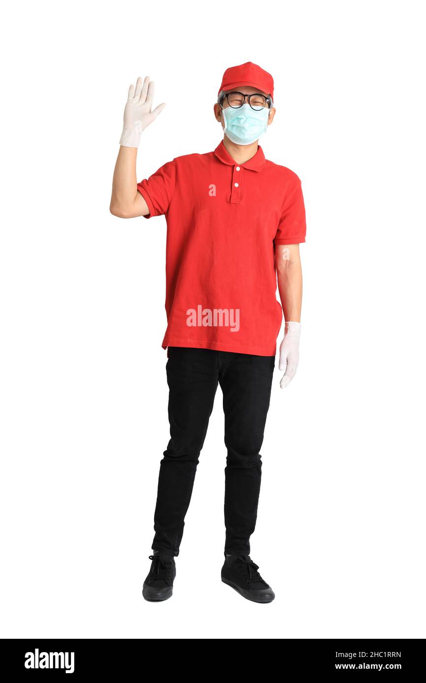 The senior Asian postman with face mask on the white background Stock ...