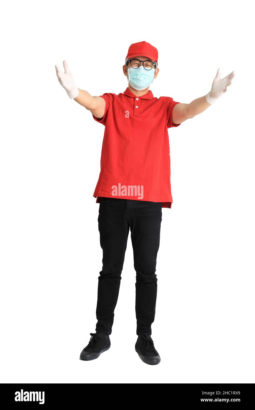 The senior Asian postman with face mask on the white background Stock ...