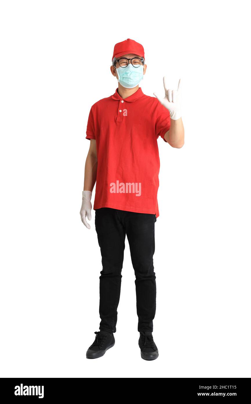 The senior Asian postman with face mask on the white background Stock ...