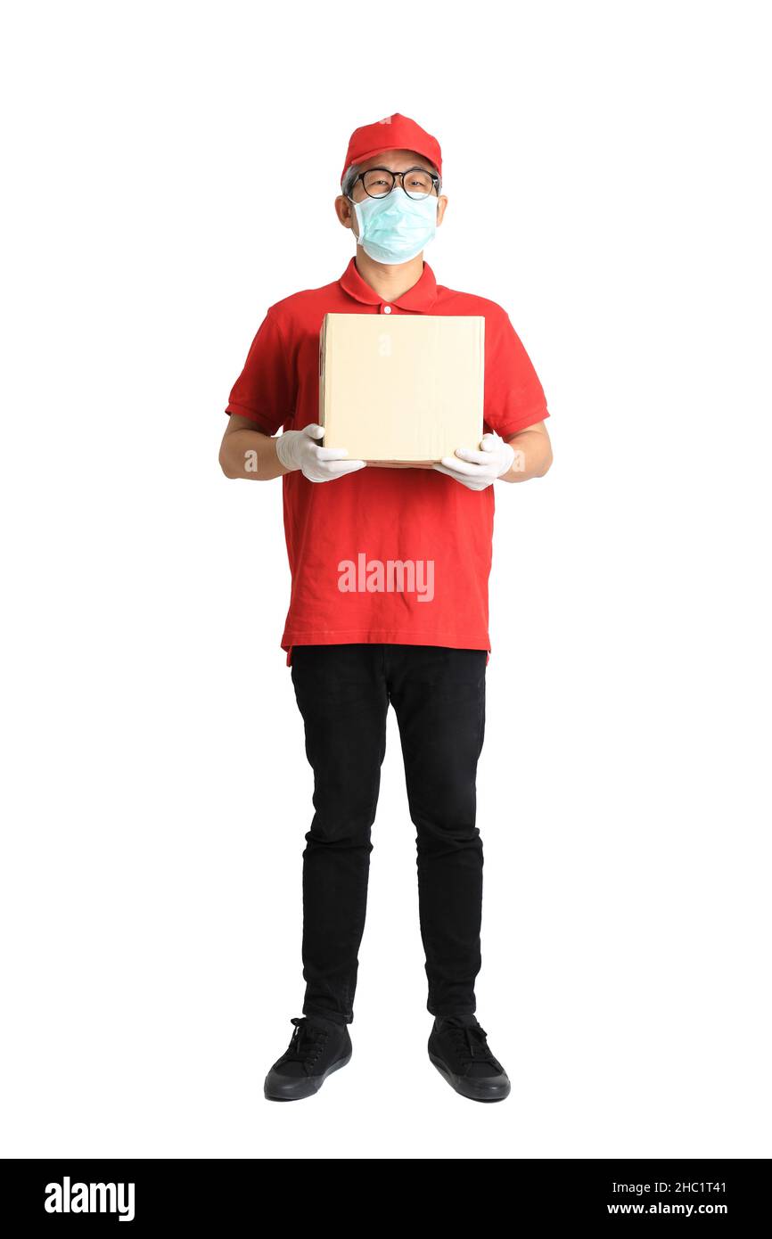 The senior Asian postman with face mask on the white background Stock ...