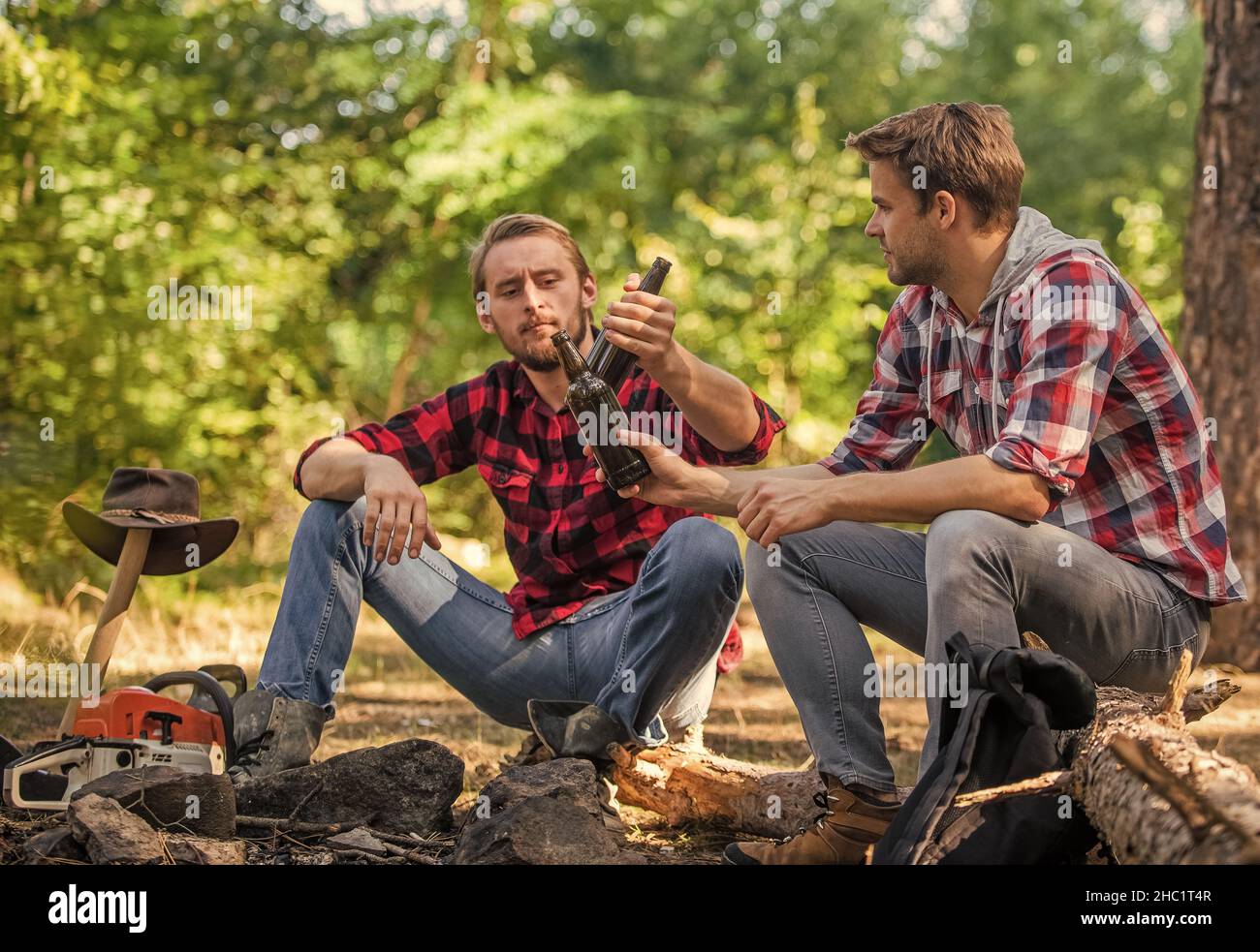 On An Adventure. man best friend drink beer. ranger at outdoor ...