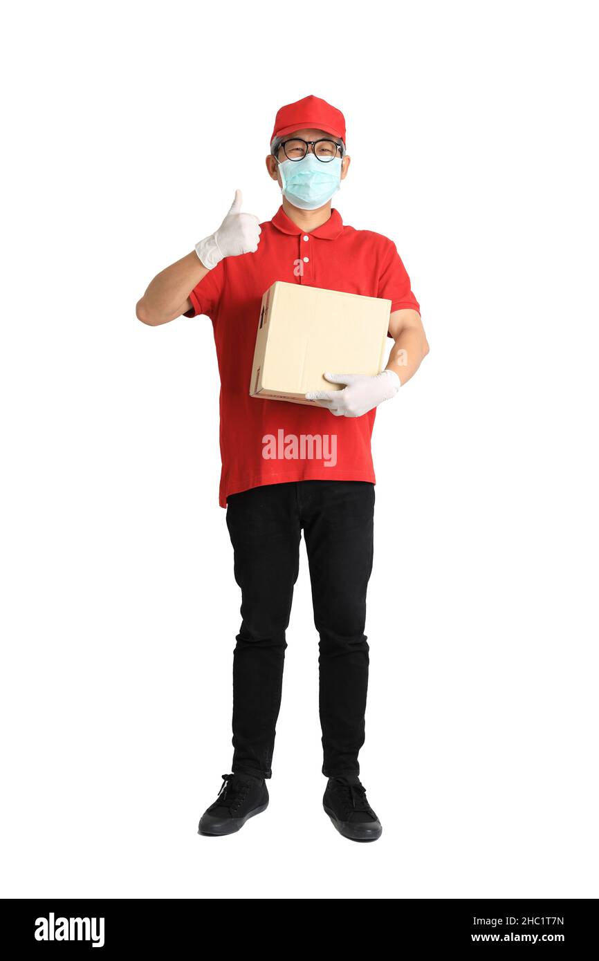 The senior Asian postman with face mask on the white background Stock ...