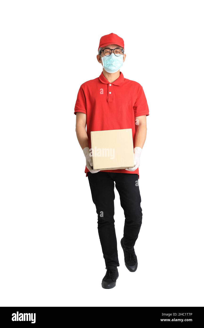 The senior Asian postman with face mask on the white background Stock ...