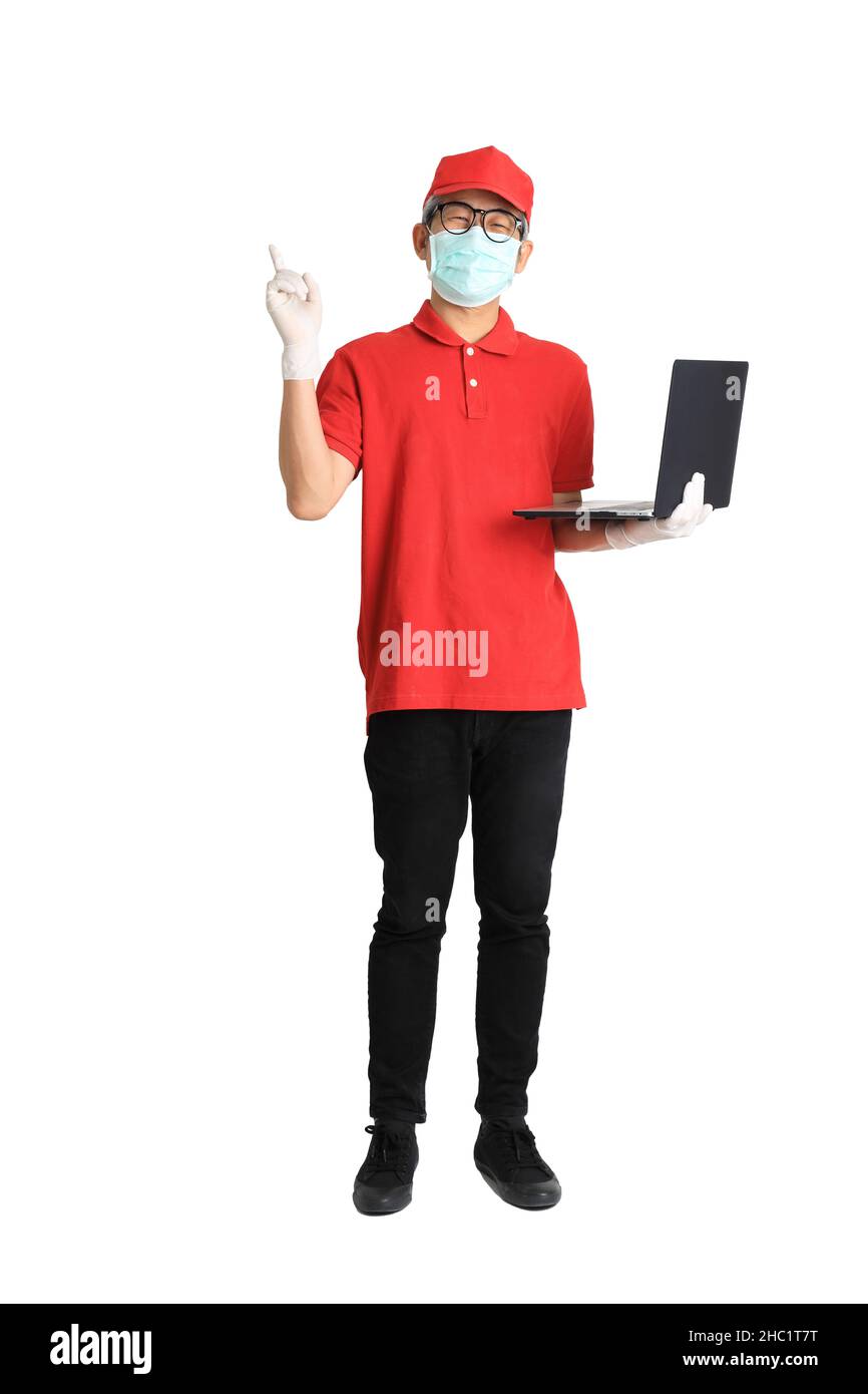 The senior Asian postman with face mask on the white background Stock ...