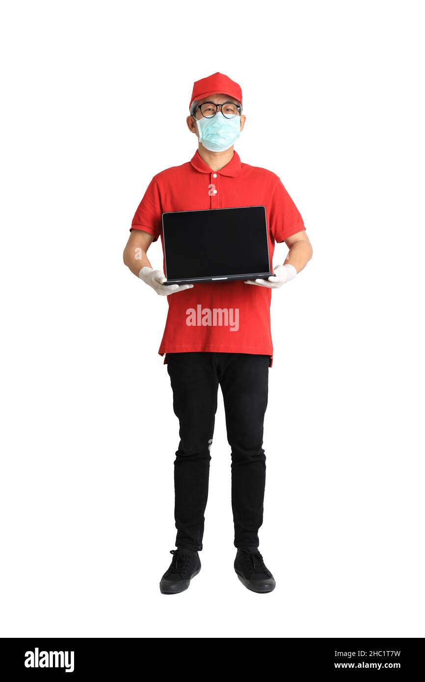 The senior Asian postman with face mask on the white background Stock ...