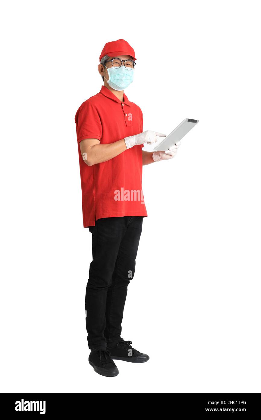 The senior Asian postman with face mask on the white background Stock ...