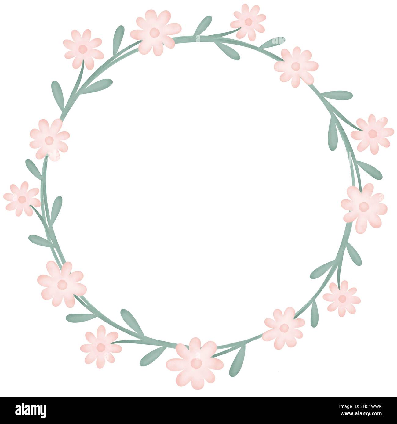 Wreath with pink spring flowers watercolor. Round floral frame with ...
