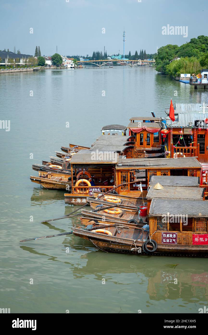 Chinese traditional rowboat in the Dianpu River in Zhujiajiao Ancient ...