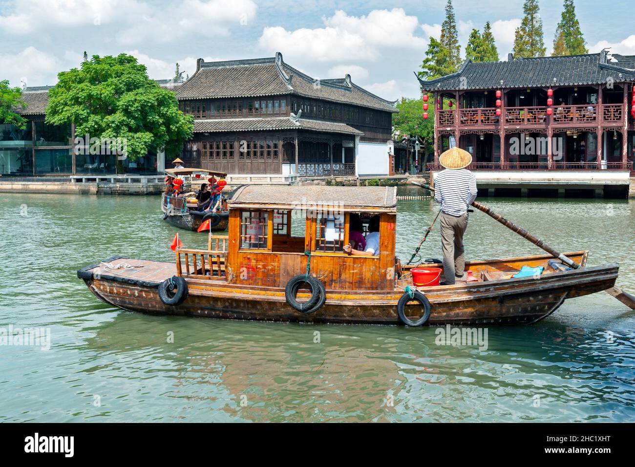 Chinese traditional rowboat in the Dianpu River in Zhujiajiao Ancient ...