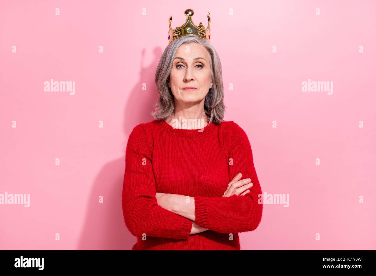 Portrait of attractive content serious gray-haired woman wearing tiara ...