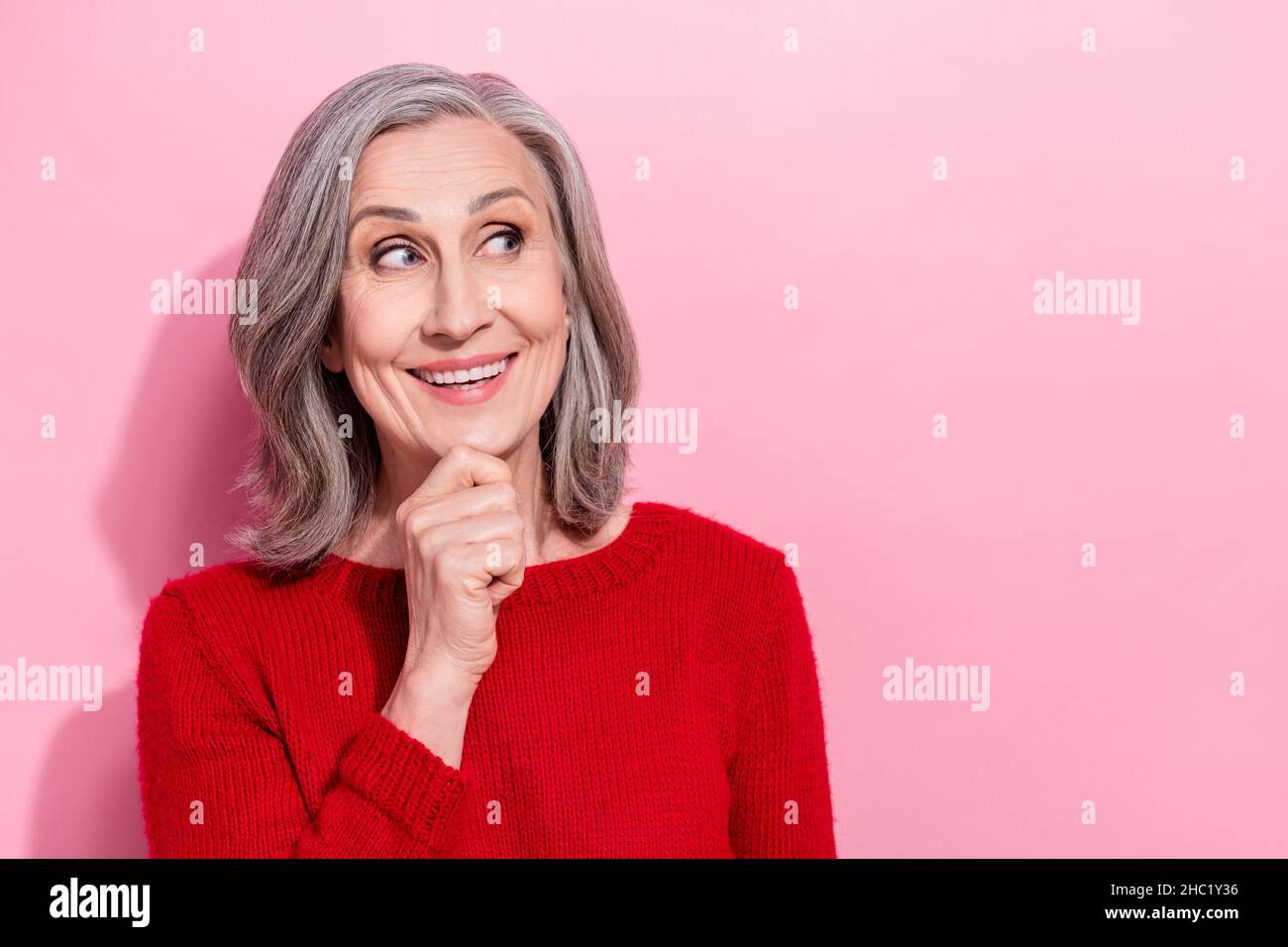 Portrait of attractive curious smart clever cheerful gray-haired woman ...