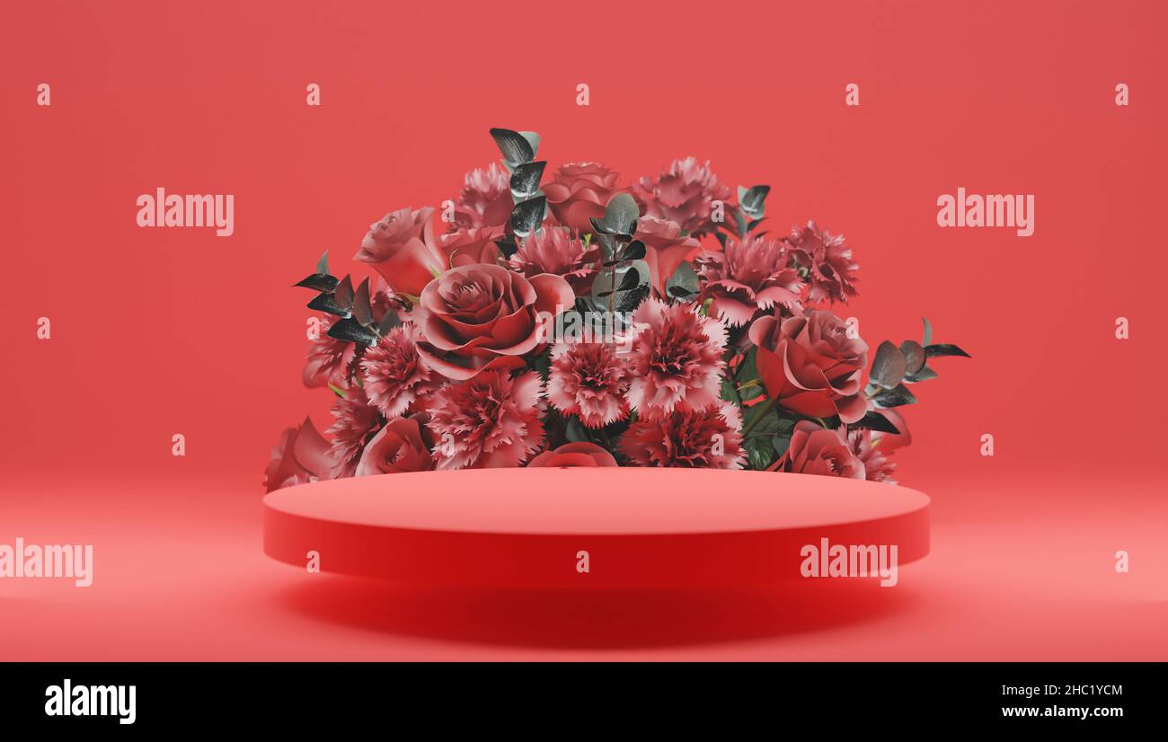 3D rendering rose flower background red color with geometric shape ...