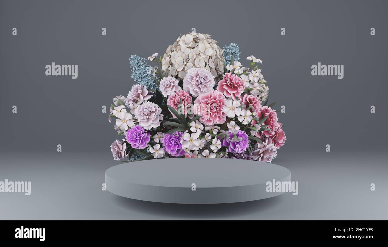 3D rendering multi flower background colors with geometric shape podium ...