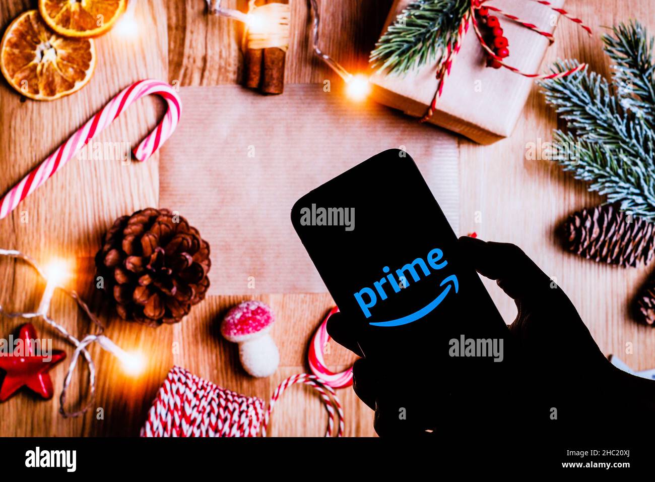 In this photo illustration a Amazon Prime logo seen displayed on a ...