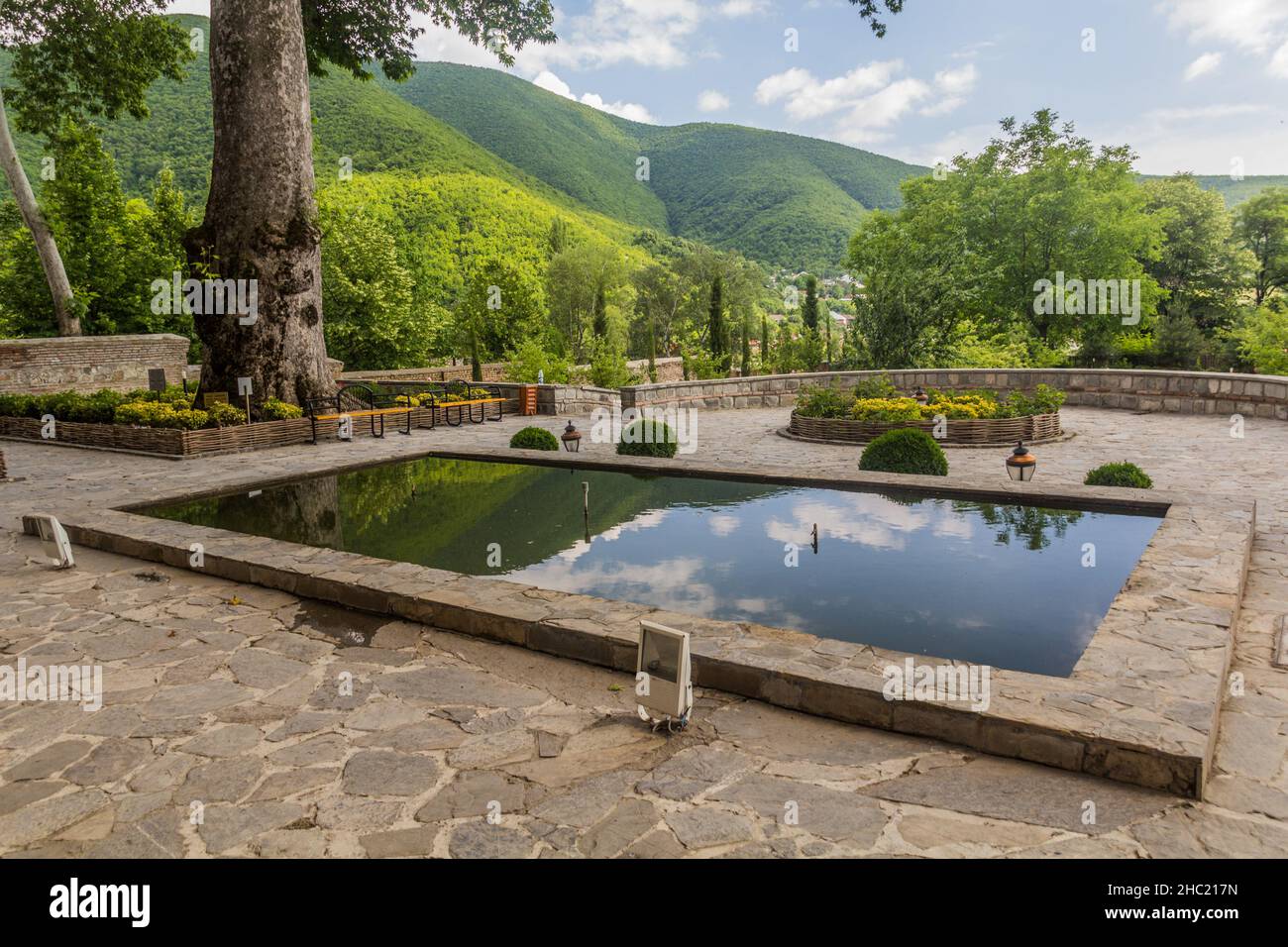 Park of Palace of Khans Xan Sarayi at Sheki fortress, Azerbaijan Stock ...