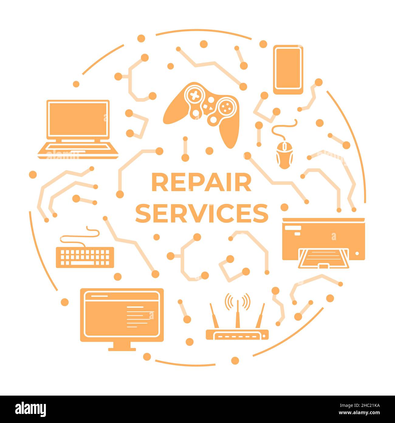 Vector illustration Electronics repair Laptop, printer, gamepad ...