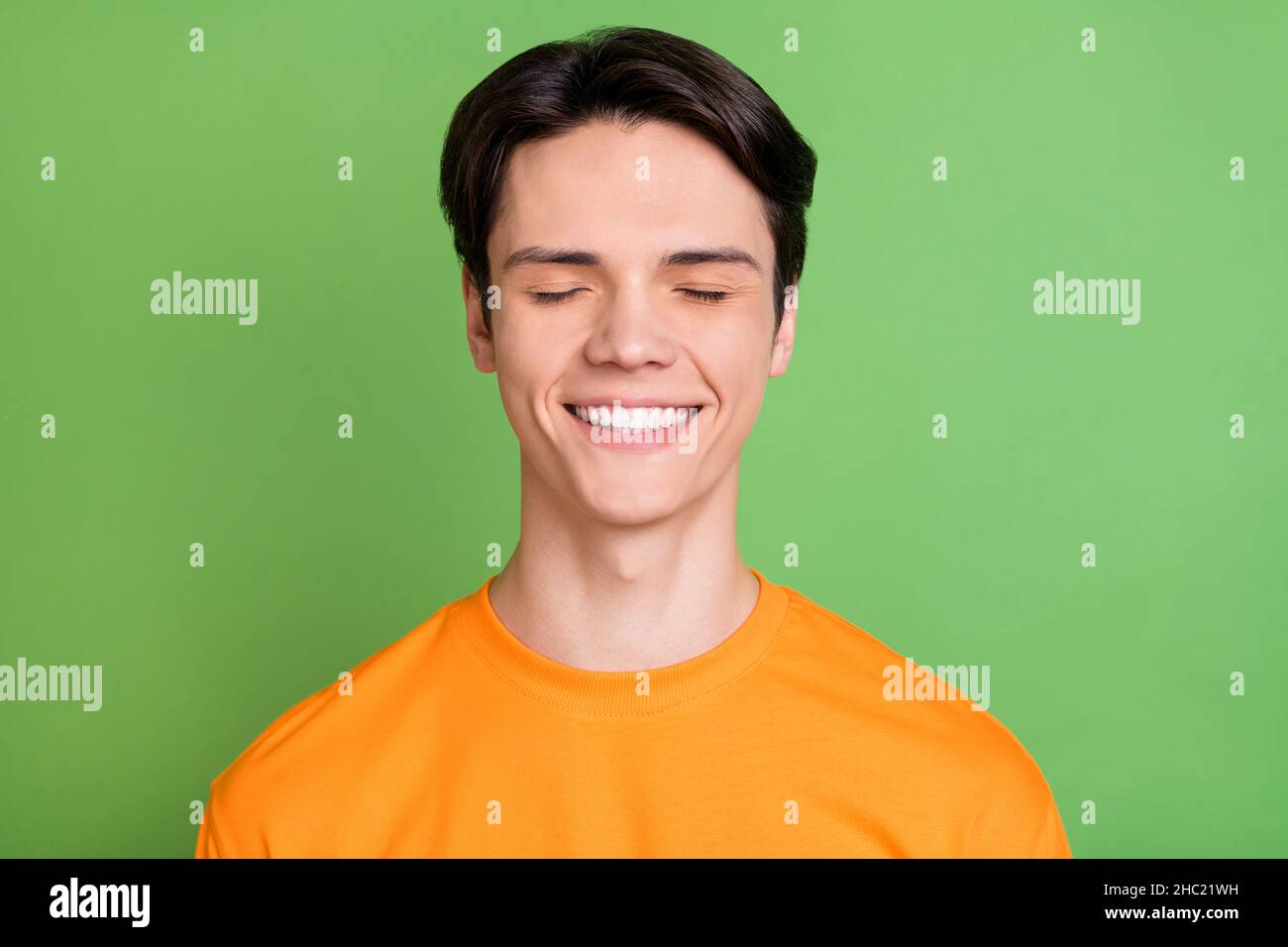 Photo of young dreamy happy man closed eye smile good mood positive ...