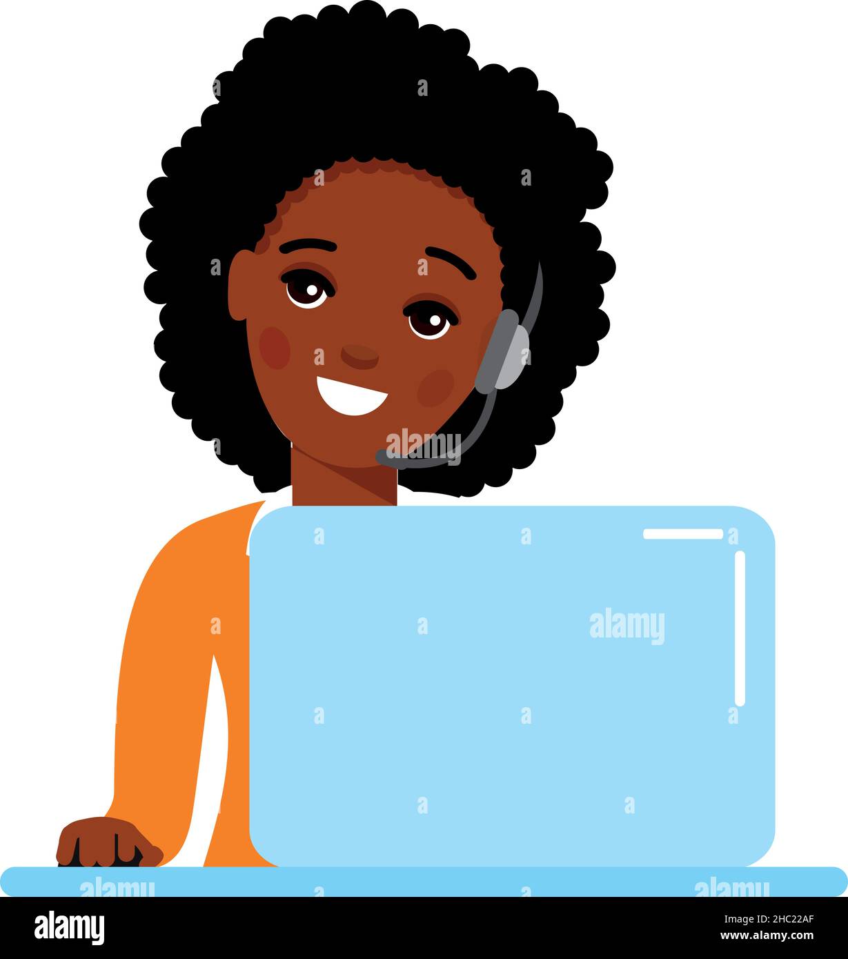 Female Helpline Operator with Headset at her Desk with Laptop Computer ...