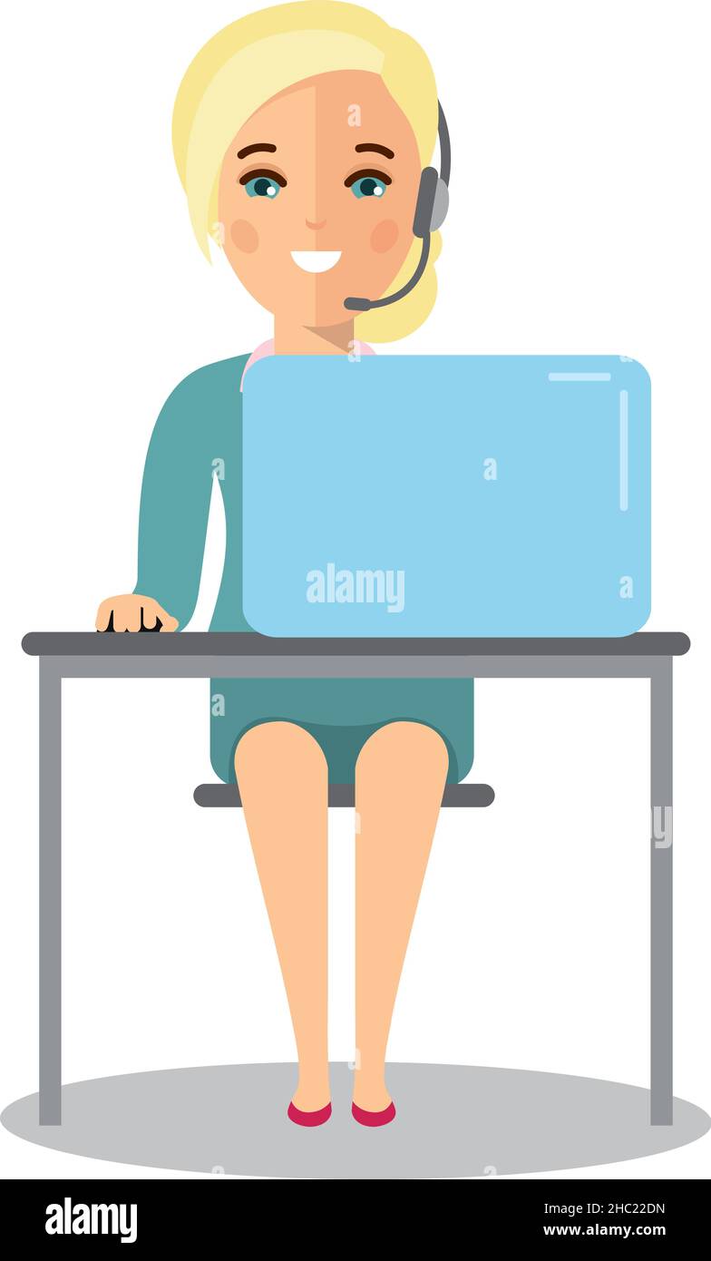 Female Helpline Operator with Headset at her Desk with Laptop Computer ...