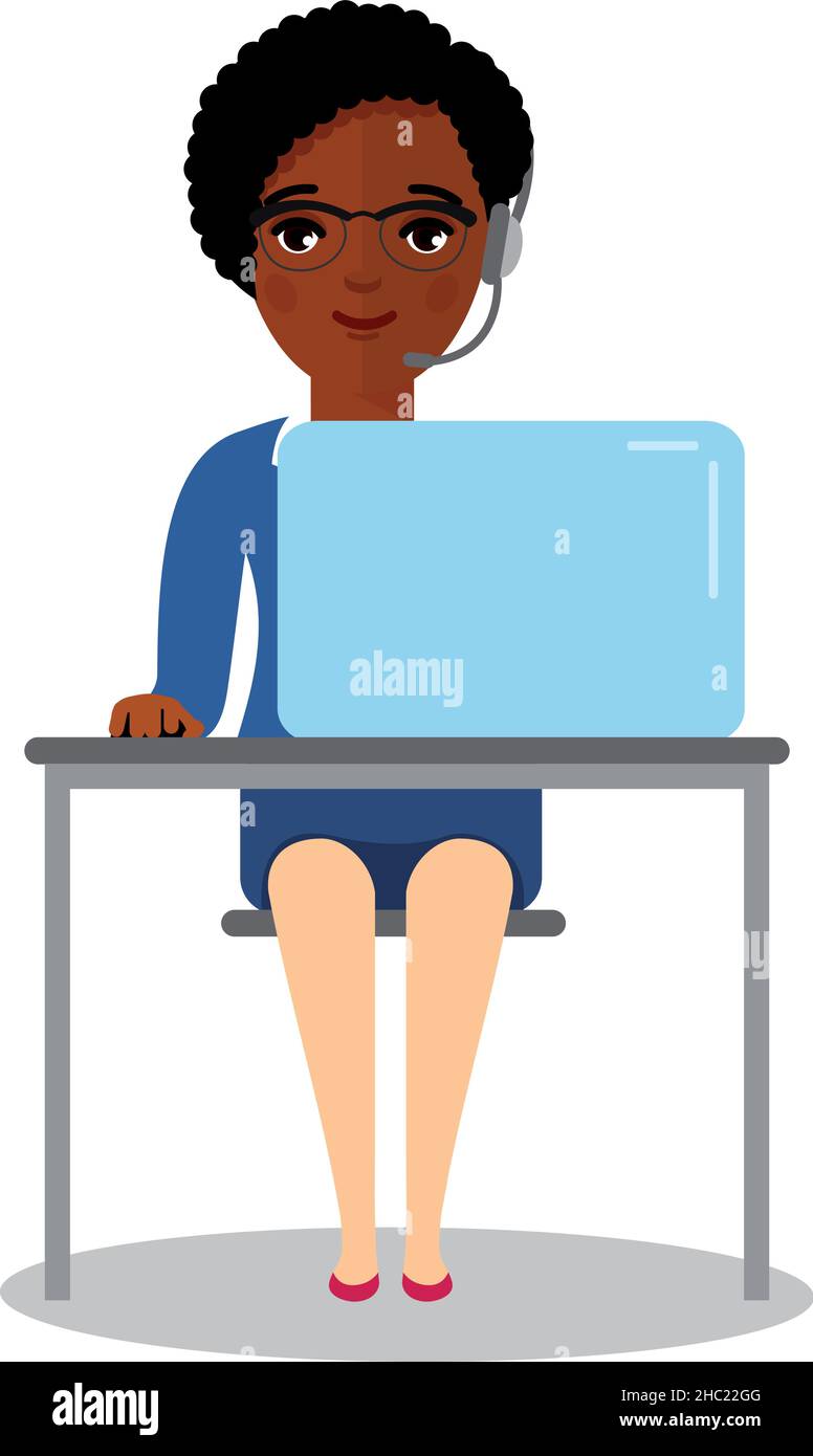 Female Helpline Operator with Headset at her Desk with Laptop Computer ...