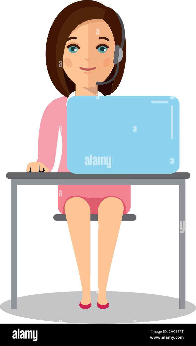 Female Helpline Operator with Headset at her Desk with Laptop Computer ...