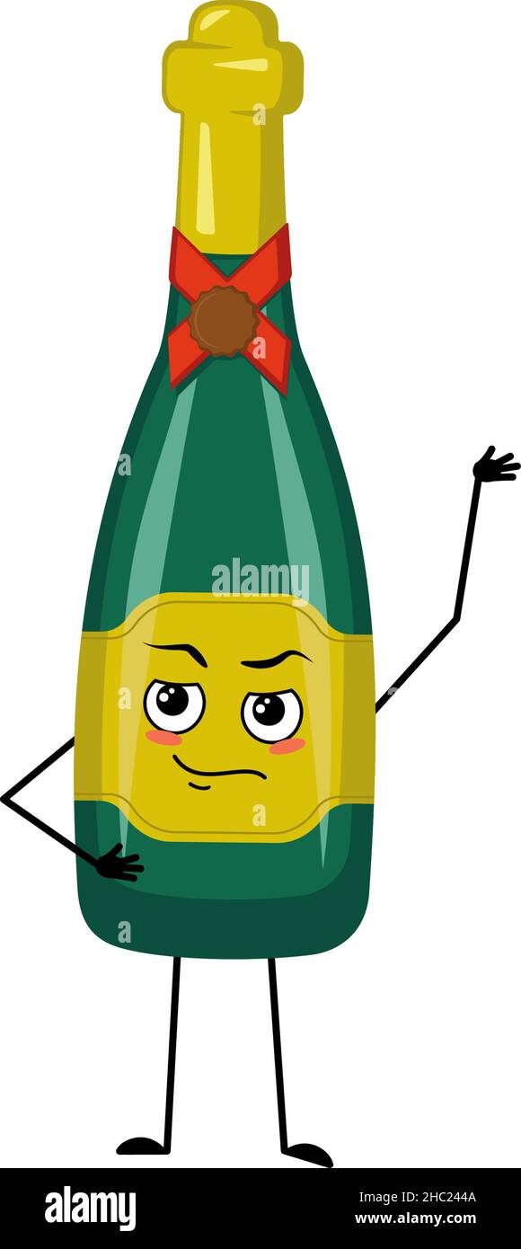 Bottle of sparkling wine character with emotions of hero, brave face ...