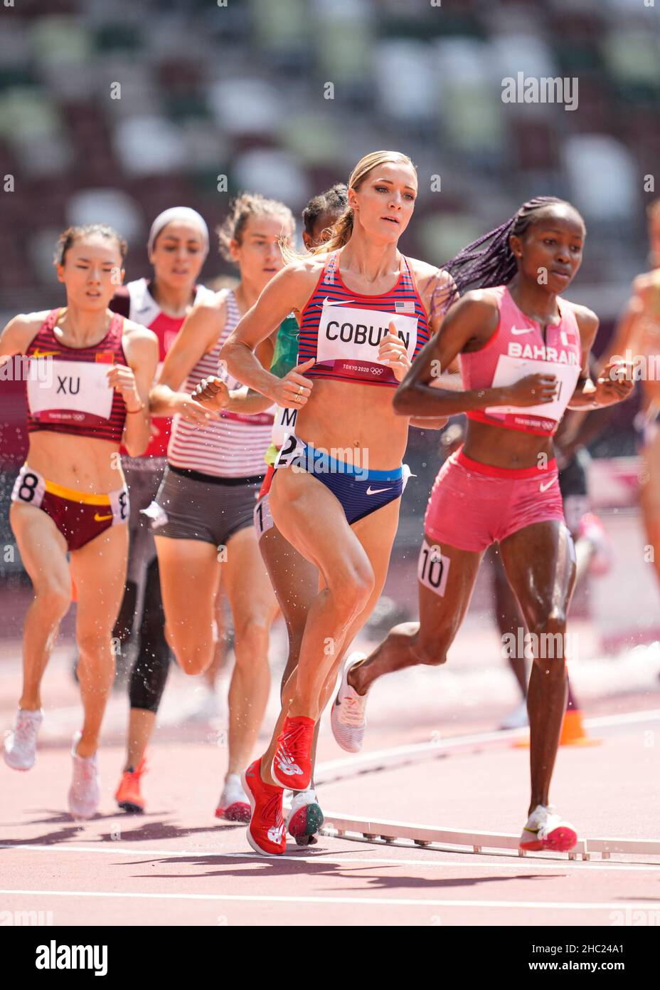 Emma Coburn participating in the 3000 meters steeplechase at the 2020 ...
