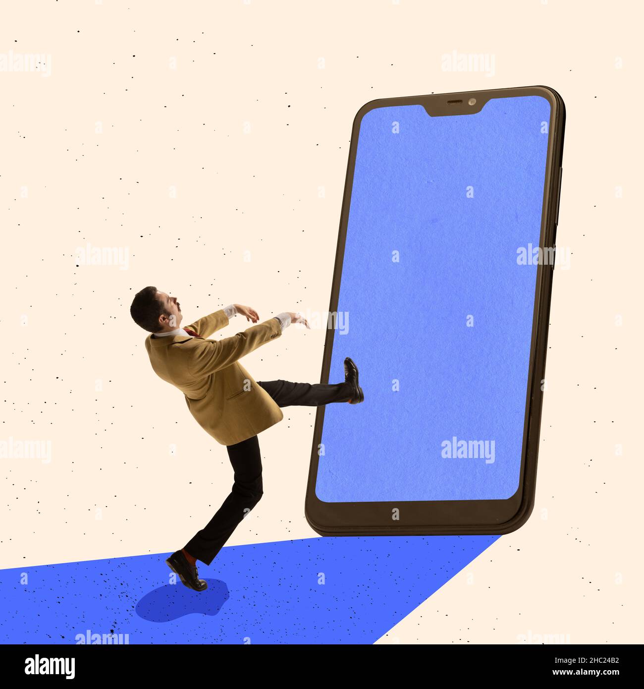 Creative modern collage. Businessman walking like puppet into mobile ...