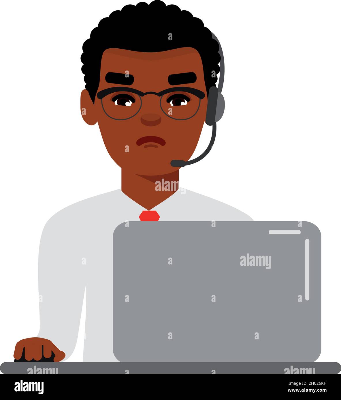 Man Helpline Operator with Headset at his Desk with Laptop Computer ...