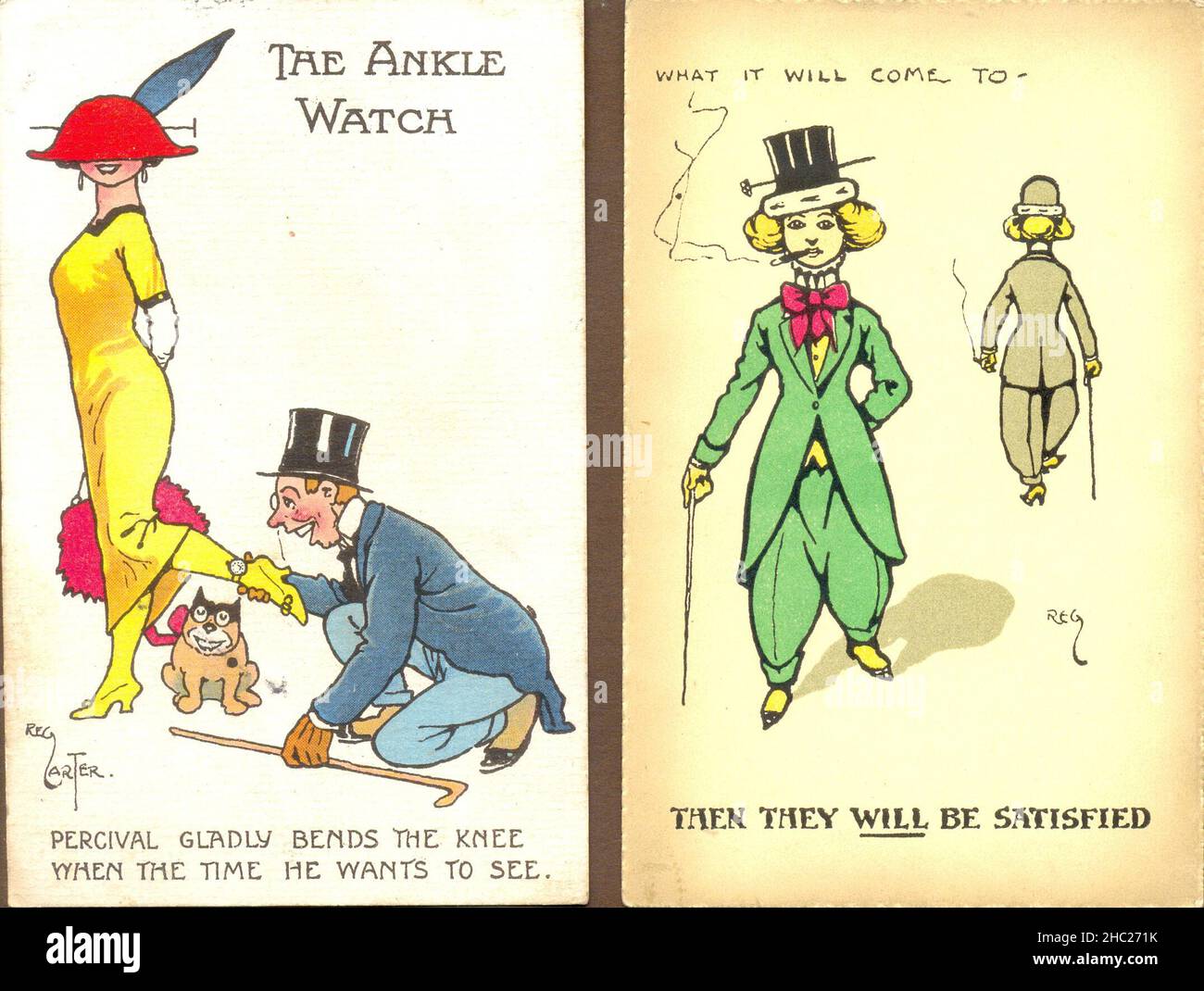 Comic postcards by Reg Carter illustrating the fashion for harem pants ...