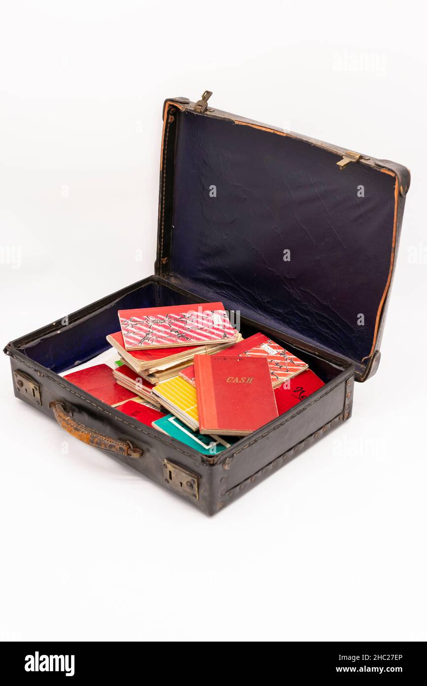 vintage leather document briefcase with old financial record books used ...